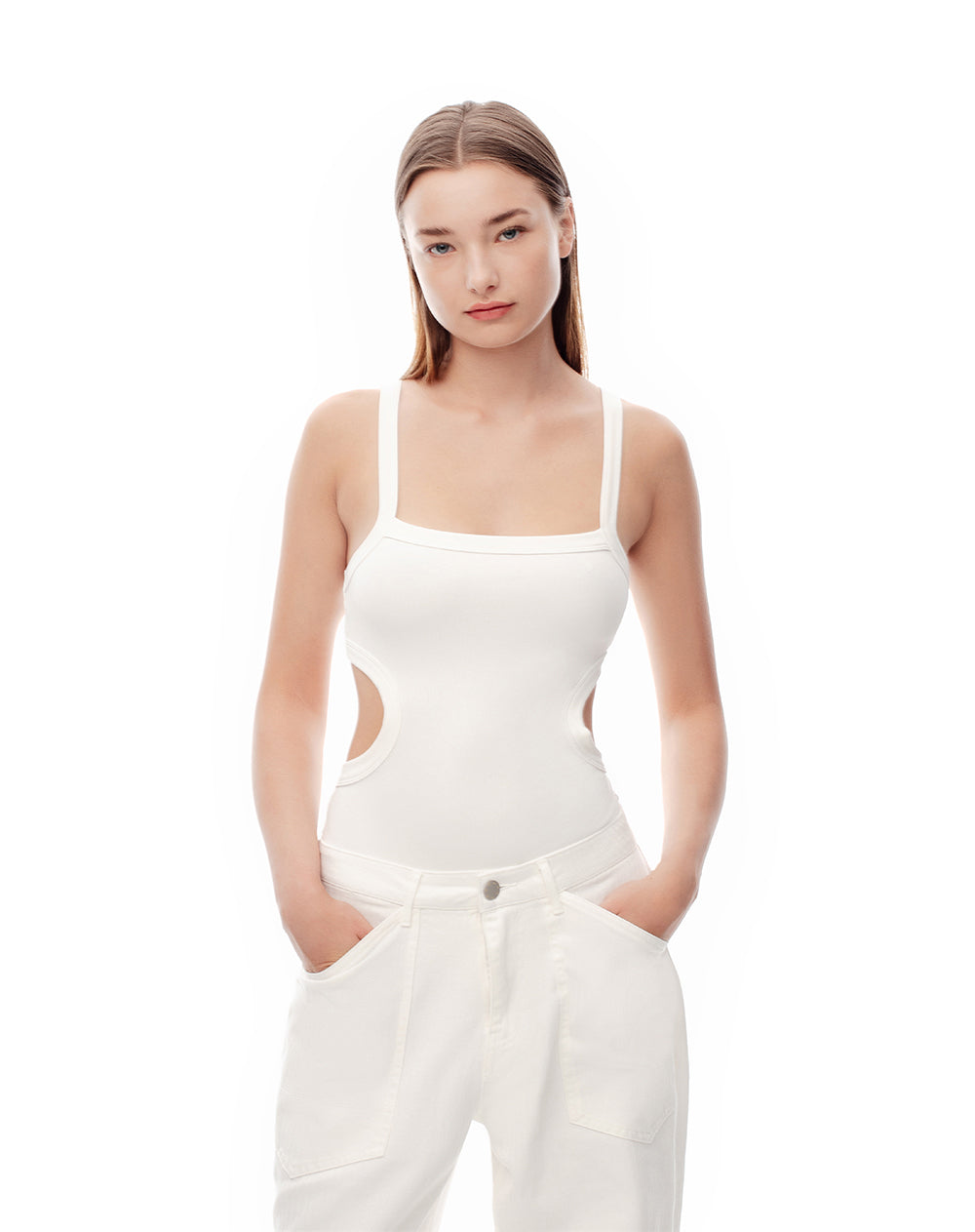 Body cut out rib algodón blanco mujer